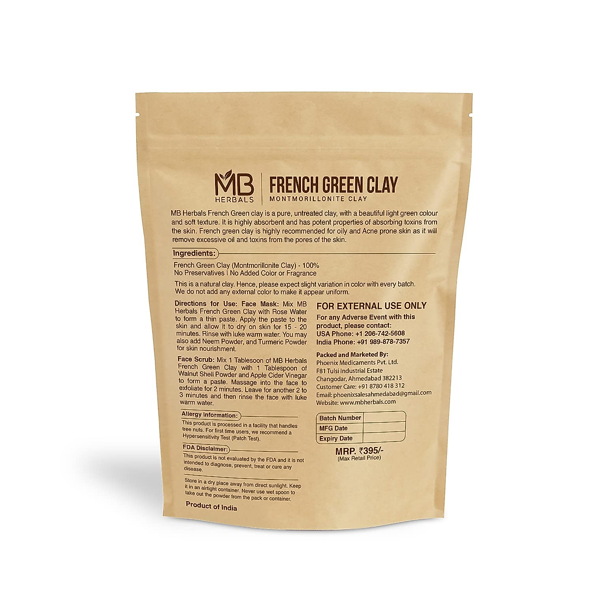 MB Herbals French Green Clay 8 oz | 0.5 lb / 227 Gram | 100% Pure Montmorillonite Clay | Absorbs Excess Oil | Detoxifies Skin | Recommended For Oily Skin | No Chemical Preservatives