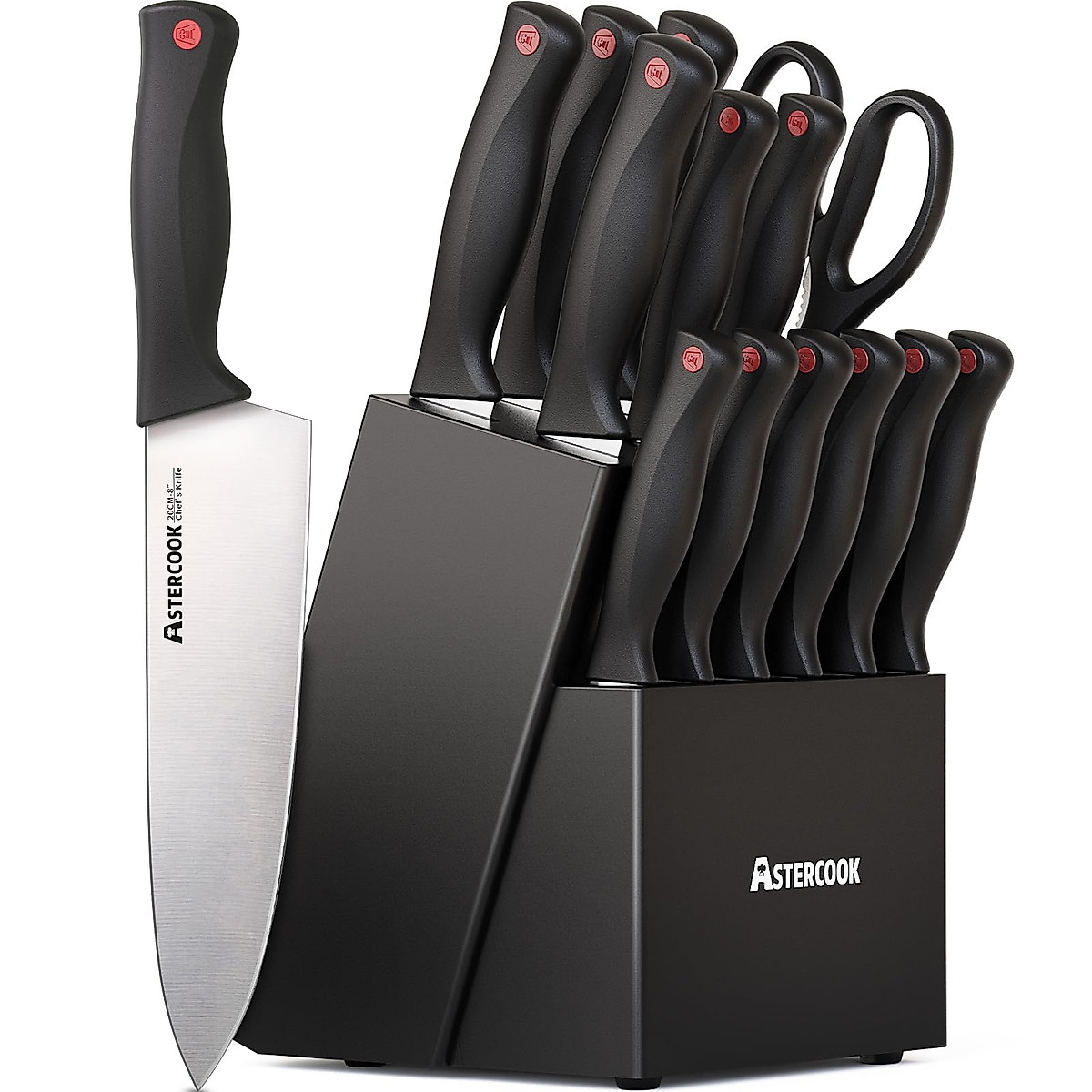 Astercook Knife Set with Built-in Sharpener Block, Dishwasher Safe Kitchen Knife Set with Block, 14 Pcs High Carbon Stainless Steel Block Knife Set with Self Sharpening and 6 Steak Knives, Black