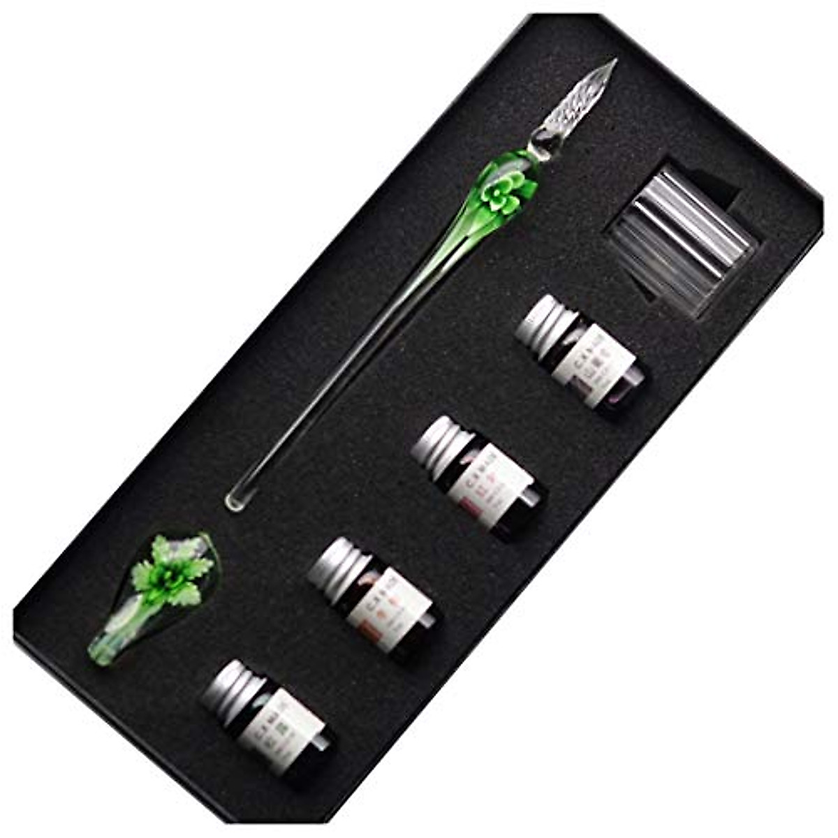 Evangelia.YM Glass Dipped Pen Calligraphy Set, Handmade Crystal Retro Signature Writing Drawing Painting Pen, Students Gift Box Set with 4 Pen Ink, 1 Pen Holder, 1 Crystal Glass Dip Pen (E Green)