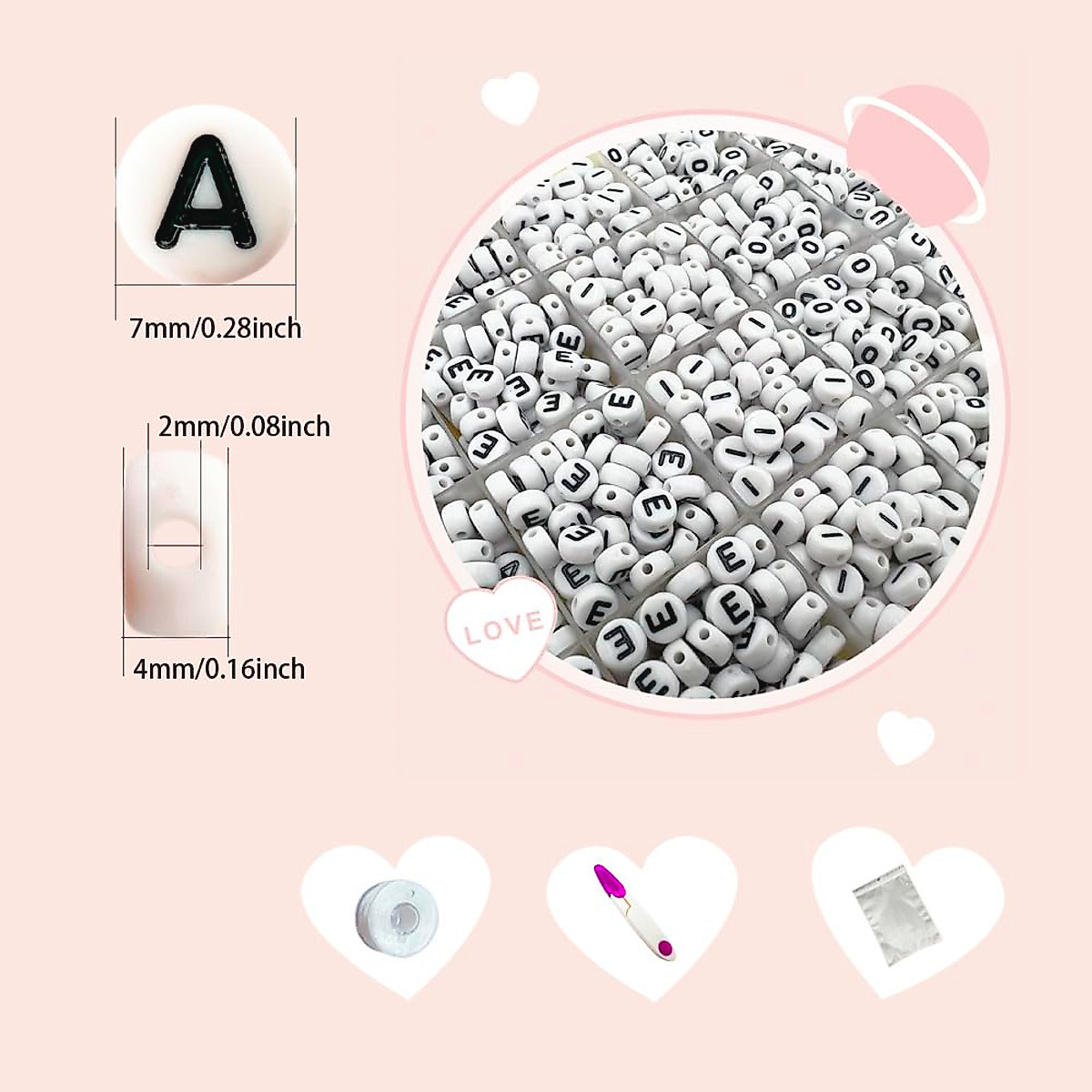 MIIIM 1200pcs Vowel Letter Beads (A, E, I, O, U), 4x7mm Round Letter Beads for Bracelets Making, Alphabet Beads, Number Beads, Heart Beads in 24 Grid Box (White Beads Black Letters)