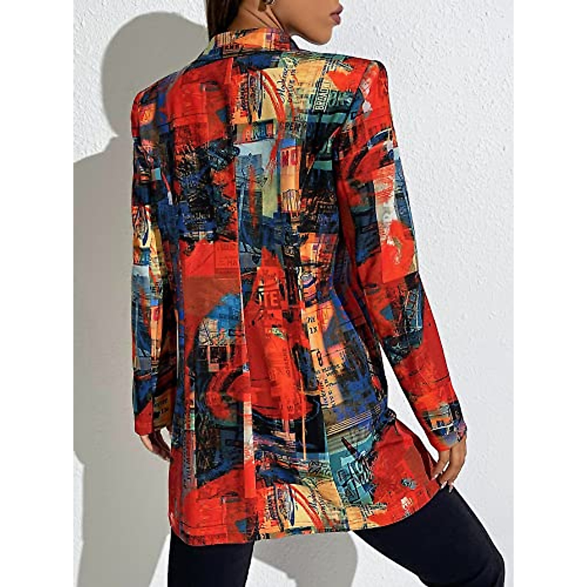 WDIRARA Women's Letter Graphic Print Button Front Blazer Long Sleeve Casual Jacket Multicolor XS