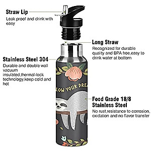 Kids Sloth Insulated Water Bottle with Straw Lid & Handle Reusable Vacuum Stainless Steel for Girls
