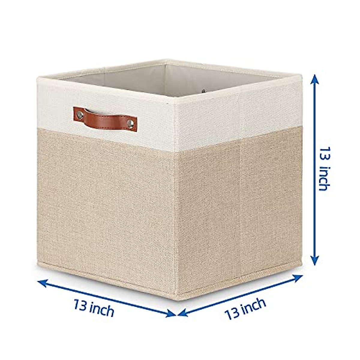 Temary Cube Storage Bins Storage Basket for Shelves Fabric Storage Cubes Closet Baskets for Cube Storage with Leather Handles, Cloth Bins for Home and Office (White & Khaki, 13x13x13 Inch)