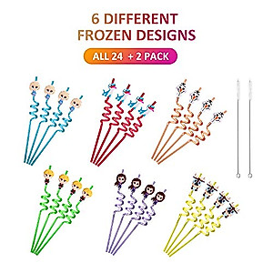 24 Frozens Elsa Straws with 2 Cleaning Brush 6 Designs Great for Birthday as Party Favors and Party Supplies