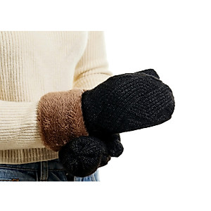 Thick Snow Hat-and-Mittens Set for-Women Black, Warm Faux Fur Pom Pom Beanie-with-Gloves Cute Pompom Ladies Winter Caps