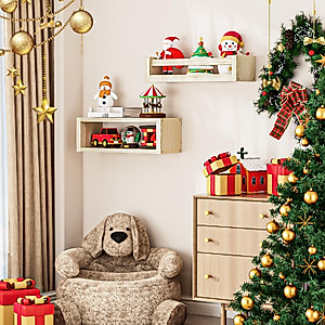 QimCoor Nursery Shelves with Lip, 5.7 inch Deep Floating Shelf with Extra Cube Shelf, Natural Solid Wood Kids Bookshelf, Baby Nursery Decor for Wall (Natural-2pack, 16.5in)