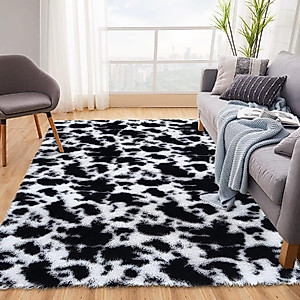 COZYLOOM Area Rug 9x12 Soft Fluffy Rainbow Kids Rug Luxury Fuzzy Shag Rug for Girls Room Bedroom Modern Indoor Plush Thick Non-Slip Shaggy Rug for Living Room Nursery Cute Throw Carpet Black White