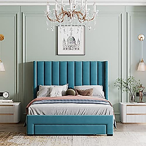 SOFTSEA Full Size Upholstered Bed Frame with Large Drawer Velvet Platform Bed Frame with High Headboard for Bedroom