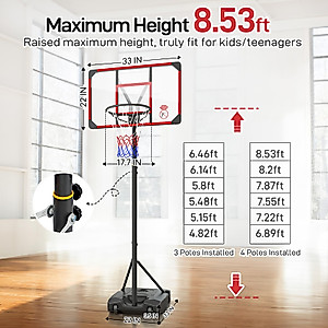 Yohood Kids Basketball Hoop Outdoor 4.82-8.53ft Adjustable, Portable Basketball Hoops & Goals for Kids/Teenagers/Youth in Backyard/Driveway/Indoor, with Enlarged Base and PC Backboard