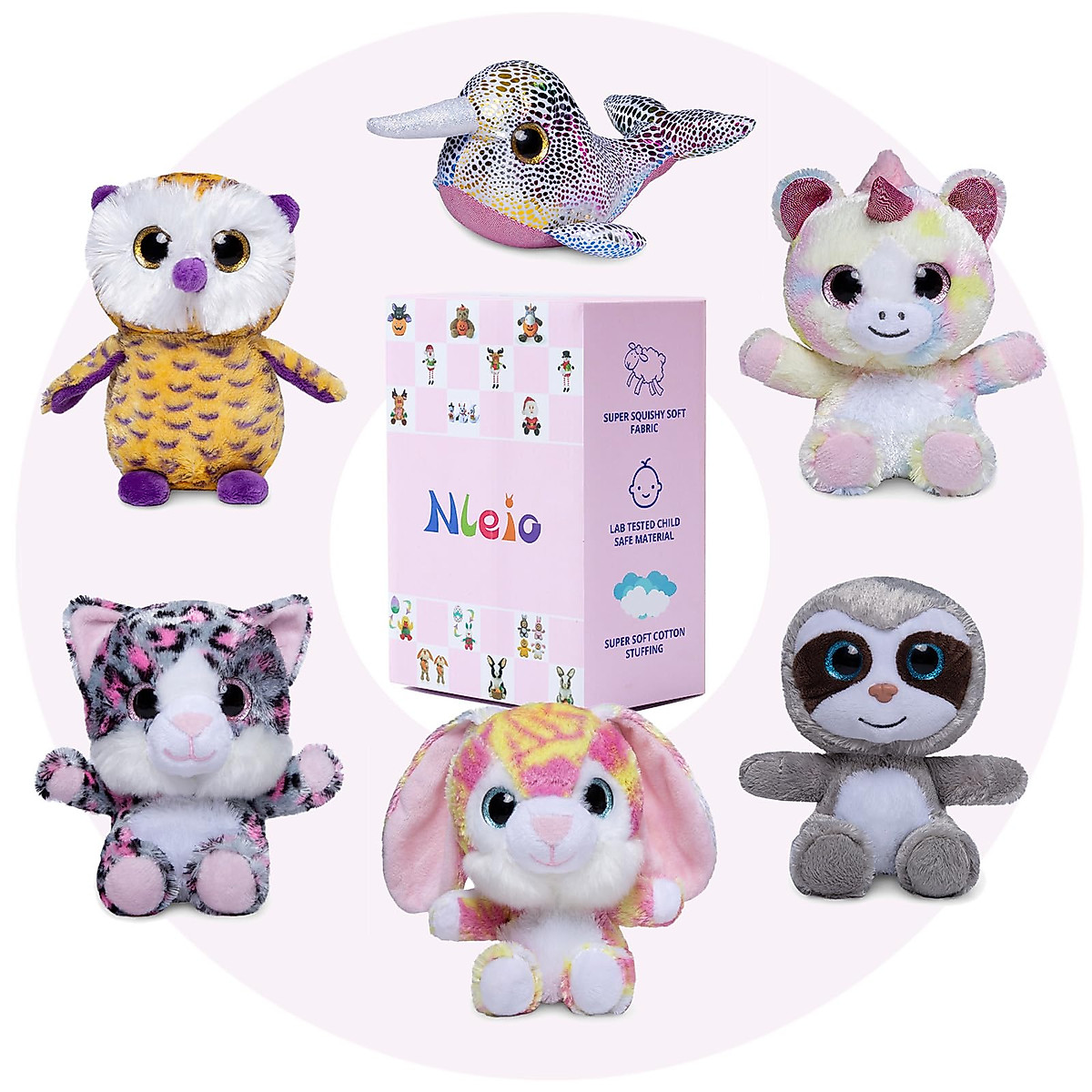 Nleio 7inch Cute Stuffed Animals Plush Toys Set, 6 Pcs Small Stuffed Animal Bulk Unicorn/Narwhal/Bunny/Owl/Sloth/Cat Plush Animal, Super Soft & Durable Stuffed Toys for Kids Girls Boys