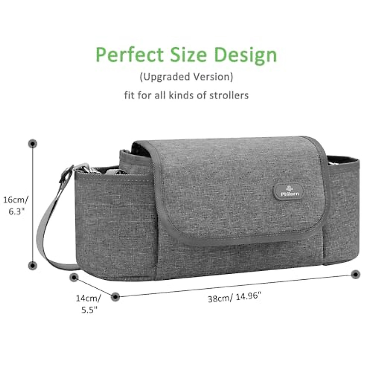 PHILORN Stroller Organizer Bag, Universal Stroller Organizer with Insulated Cup Holder, Grey Stroller Caddy Organizer with Detachable Shoulder Strap & Large Space