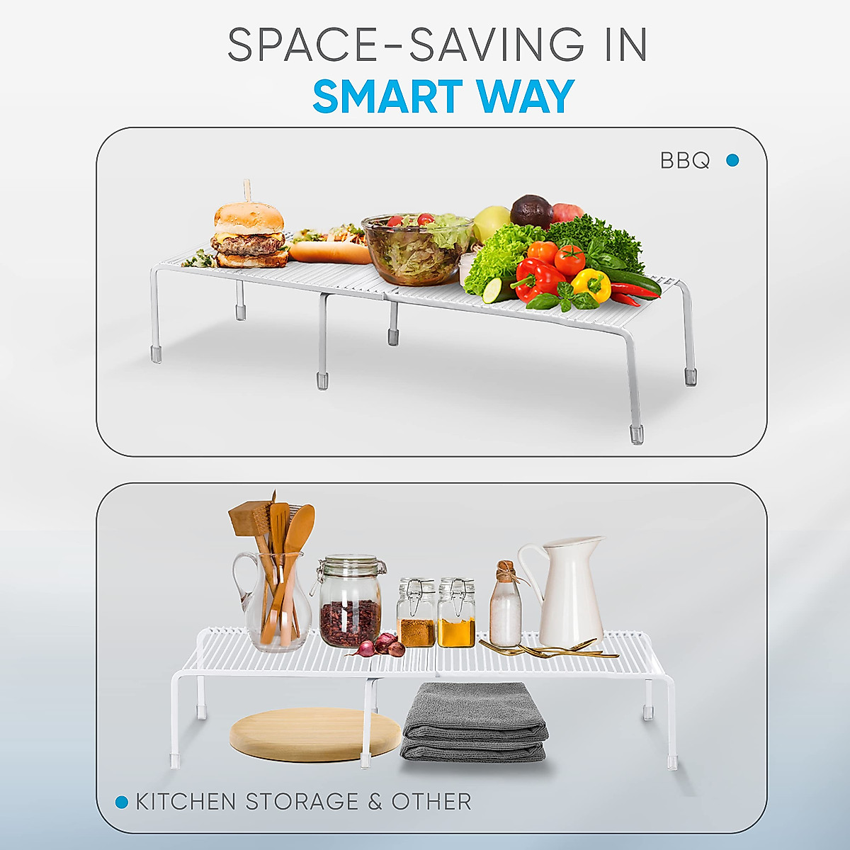 WIRESPIRIT - Expandable Shelf Organizer (2 Pieces) for Countertop, Cupboard, Cabinet, Pantry - Adjustable Kitchen Organization Shelf Rack - White