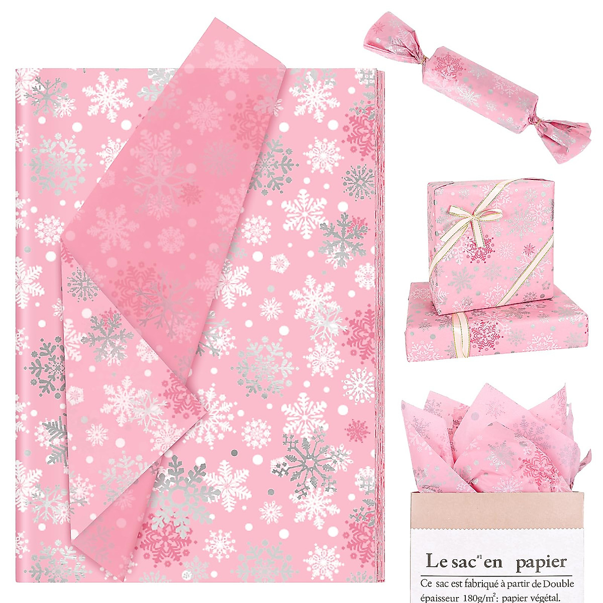 Whaline 100 Sheets Christmas Tissue Paper Pink Winter Snowflake Gift Wrapping Paper Pink Snow Flakes Art Craft Gift Wrap Paper for Winter Xmas New Year Baby Shower Wedding Decor, 13.7 x 19.6 Inch