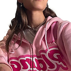 NUFIWI Women Graphic Printed Oversized Y2K Sweatshirt Zip Up Long Sleeve Hoodies Aesthetic Jacket Streetwear with Pockets （Pink, L