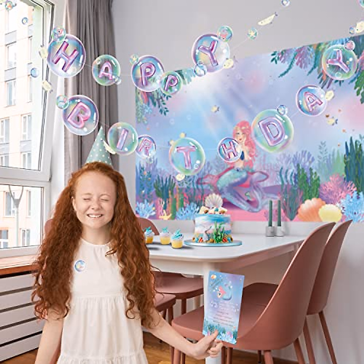Decor365 Little Mermaid Happy Birthday Banner Under The Sea Theme Party Decorations Ocean Theme Little Mermaid Bubble Garland Fish Coral Bday Garland for Girls Birthday Party Decoration
