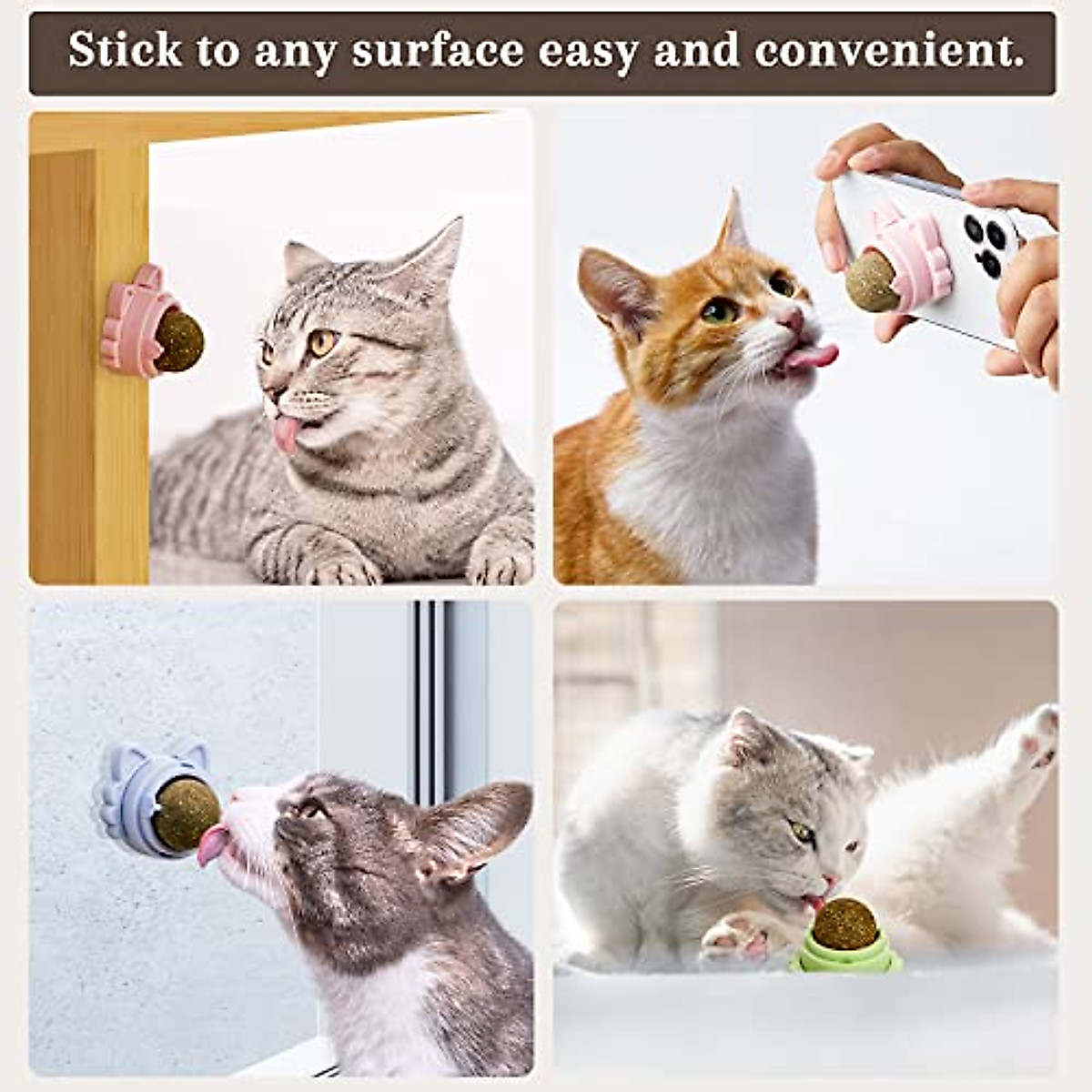 PODOO Catnip Toys for Cats, 3 Pack Edible Balls for Teeth Cleaning, Self-Adhesive and Rotatable Kitten Chew Toy, Safe and Healthy Wall Cat Toys