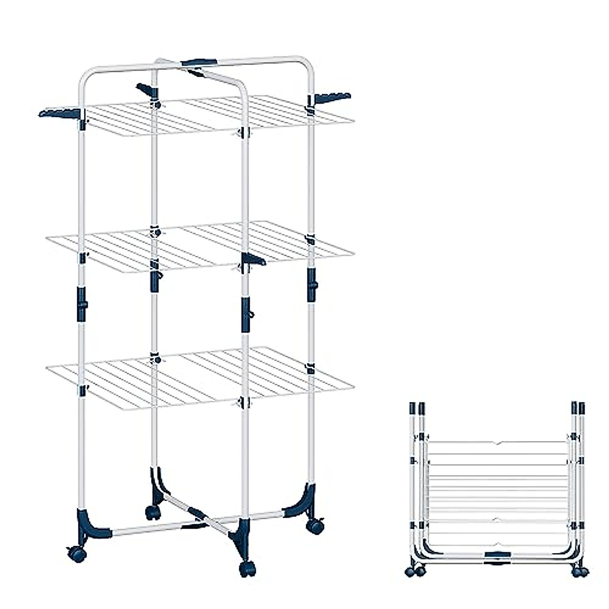 Clothes Airer Tower, Foldable and Space Saving, 3 Levels, 6 Foldable Wings, Rollable and Stable, Mobile Tower Clothes Airer, Drying Rack for Indoor and Outdoor Large Families