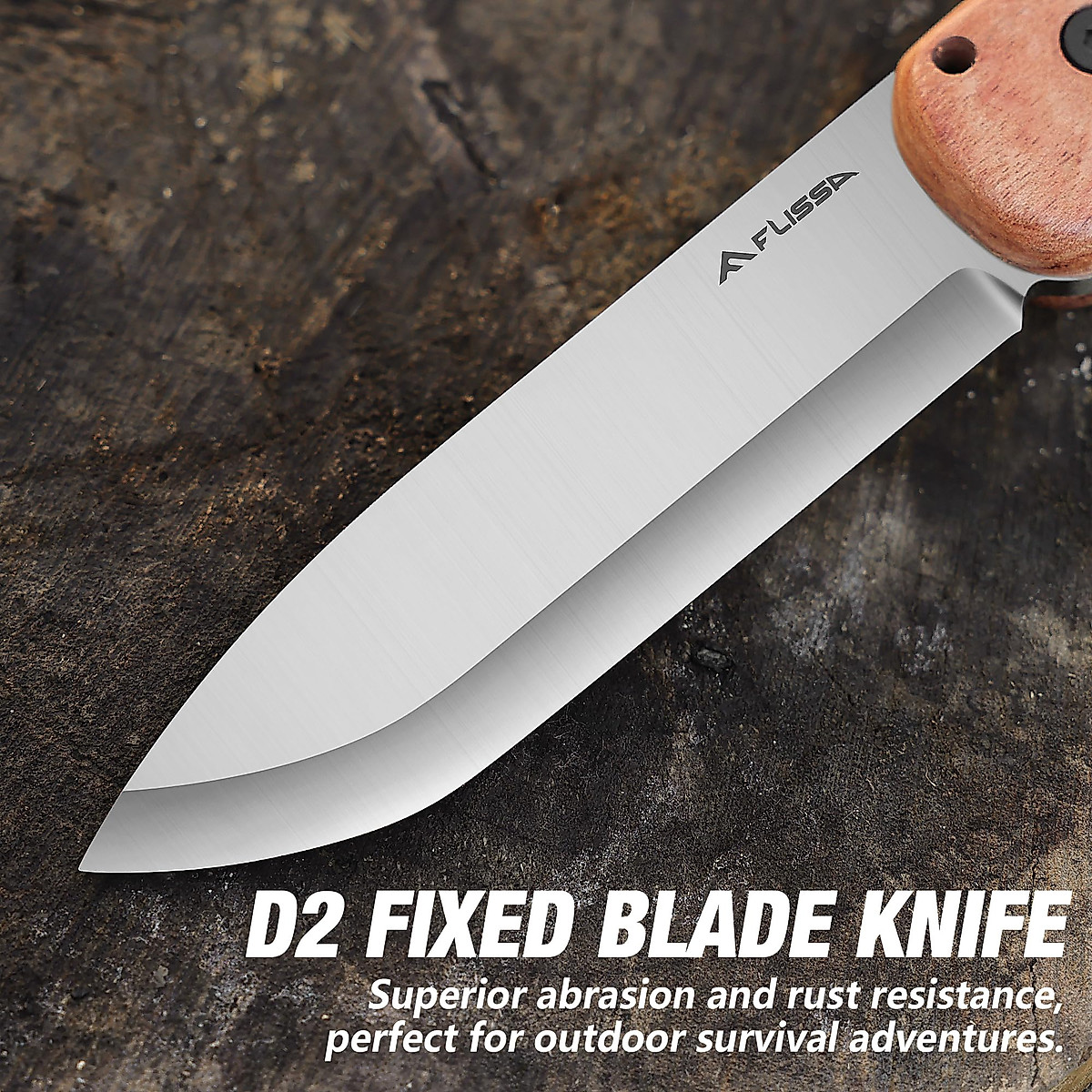 FLISSA 9" Fixed Blade Knife, D2 Steel Hunting Knife for Camping, Outdoor, Bushcraft and Survival, Wood Handle, Leather Sheath Included, Gifts for Husband, Father, Friend