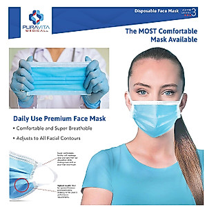 PURAVITA 3 Ply Ultra Soft Earloop Face Mask - High Filter Efficiency ≥ 98% - MADE IN USA - ASTM Level 3 - Box/50