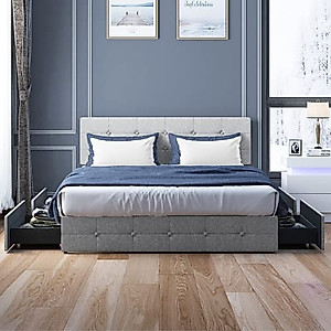 ZAFLY Platform King Bed Frame with 4 Storage Drawers,King Size Bed Frame and Linen Fabric Headboard,Square Stitched Button Tufted Design,Wooden Slats Support,No Box Spring Needed,Light Grey, 21023-K