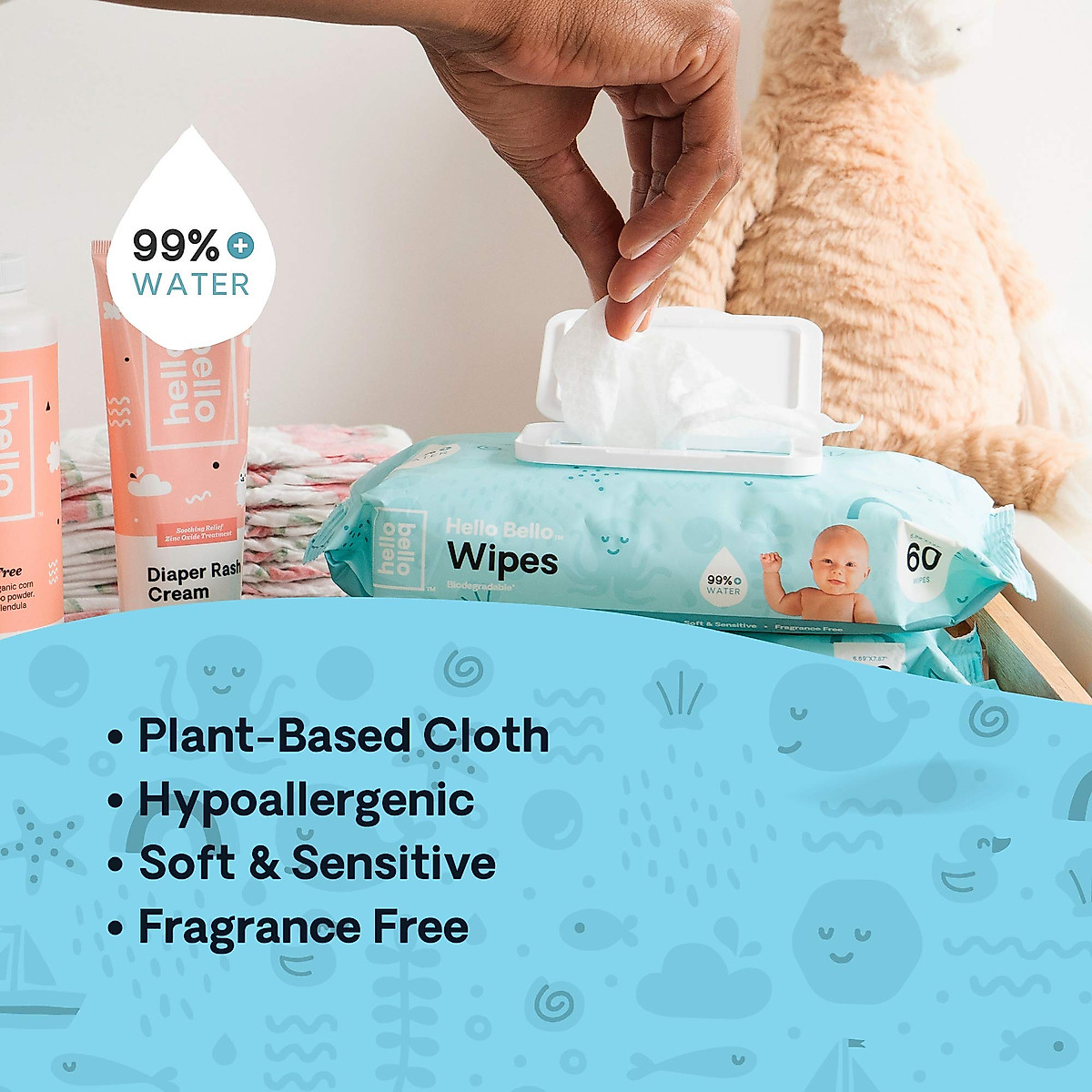 Hello Bello Baby Wipes I Plant Based Wipes for Sensitive Skin Made with 99% Water and Aloe for Babies and Kids I Unscented I 360 Count (6 Packs of 6)
