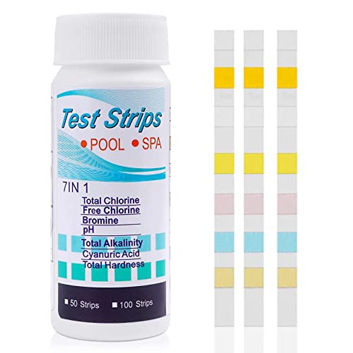 7 in 1 Pool and Spa Test Strips, 100PCS Swimming Pool Water Test Strip, Hot Tub Water Test Strips, Total Hardness, Total Chlorine, Bromine, Free Chlorine, PH, Cyanuric Acid & Total Alkalinity