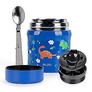 BUZIO Insulated Food Container for Kids Adult, 12oz Stainless Steel Vacuum Insulated Kids Food Jar with Folding Spoon, Leak Proof, Vacuum Insulated Thermo, Portable Food Bowl, Blue Dinosaur