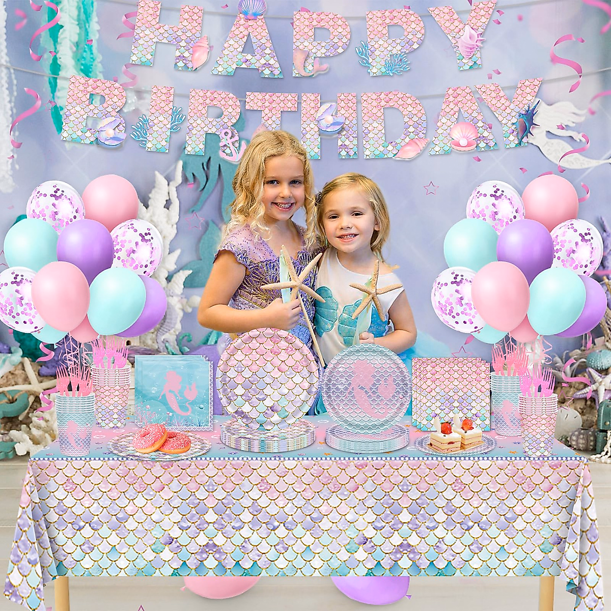 Mermaid Birthday Decorations, 147Pcs Mermaid Party Supplies-Serves 24 with Mermaid Plates and Napkins Tablecloth and Birthday Banner Balloons for Mermaid Theme Party Decorations