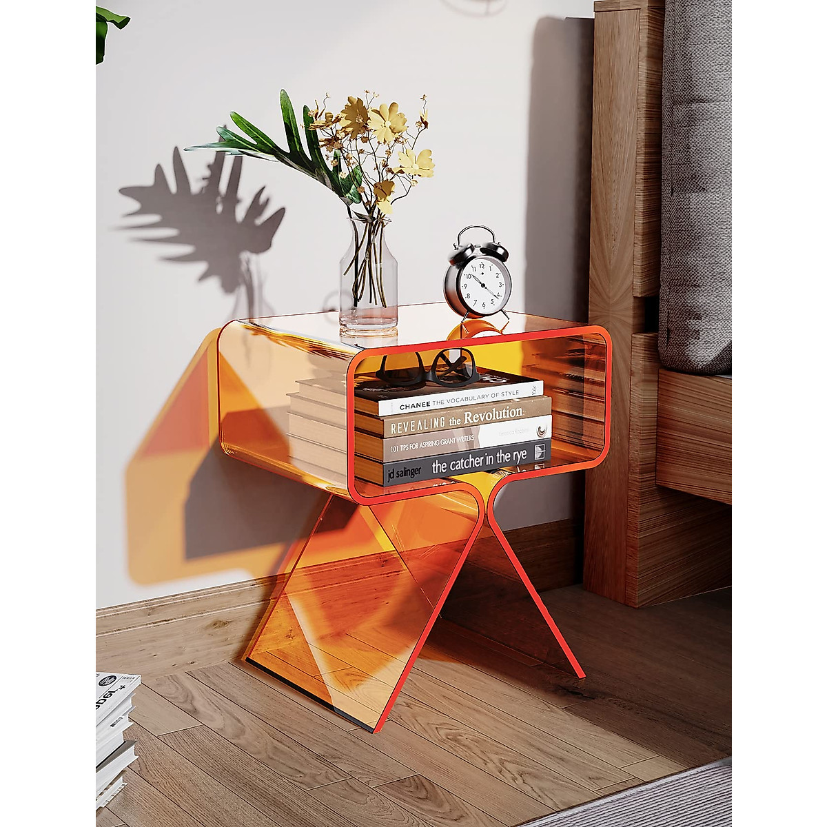 solaround Acrylic Nightstand Side Table Modern Design Clear Home Decor Display End Table for Living Room (Orange)