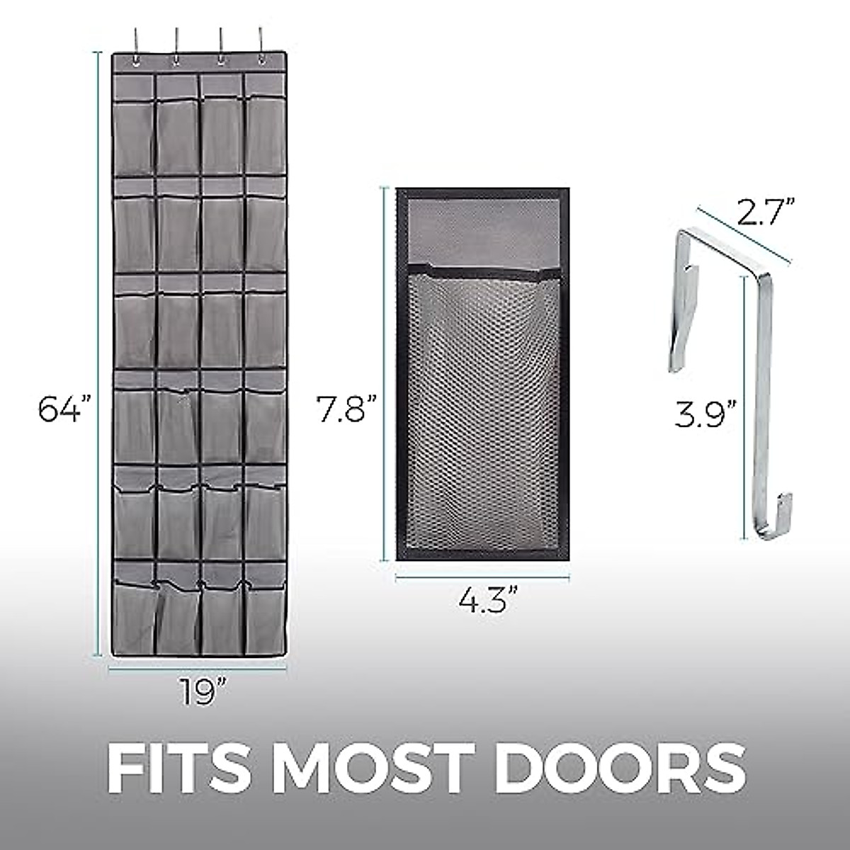 HOME GENIE 24 Pocket Strong Space Saving Over Door Shoe Organizer, Holds Up to 40 Pounds, Stay In Place Hooks Large Breathable Mesh Pocket Hanging Behind Closet Caddy Holder, Cabinet Rack, Gray