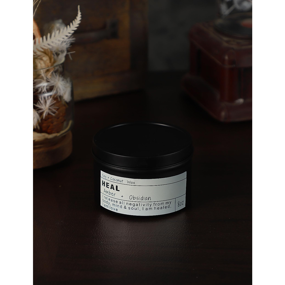 Obsidian Crystal Stone Energy Candle, Good Aura Health Protection, Baltic Amber Chakra Magic Vegetarian Affirmation Gift.(HEAL)