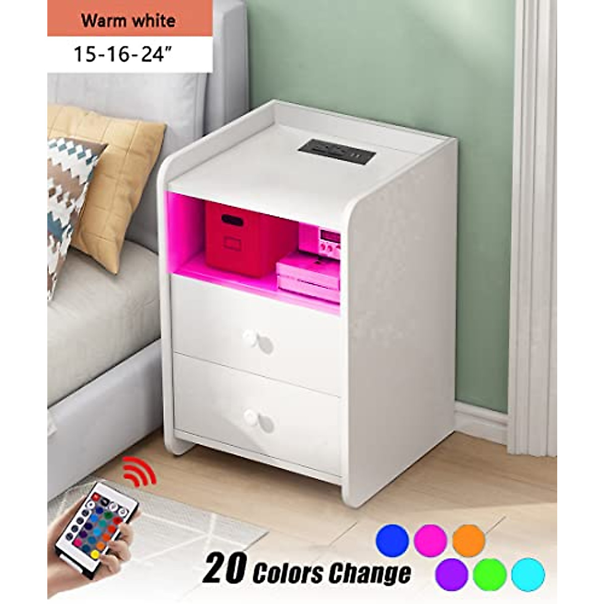 Roozmausy Nightstand with LED Lights and Charging Station,White nightstand,Bedside Table with Drawer,Bedside Cupboard,Bedside Cabinets,Small Spaces Side End Table (White-2Drawer)
