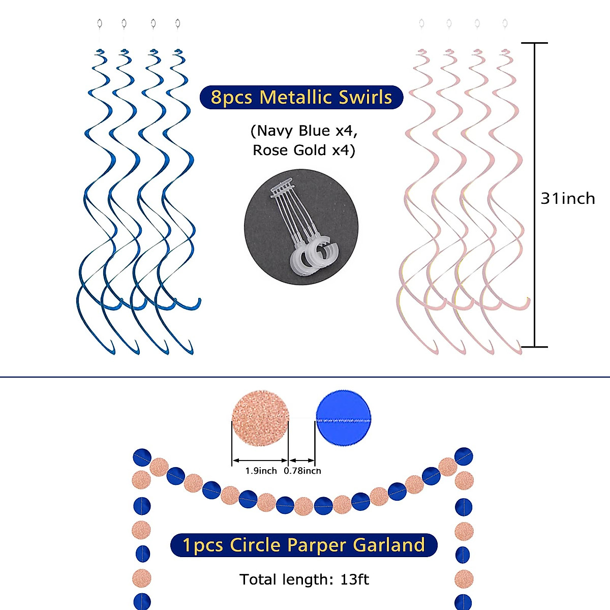 Navy Rose Gold Birthday Decorations with Happy Birthday Banner, Honeycomb Balls, Metallic Hanging Swirls and Circle Parper Garland, Birthday Decorations for Women