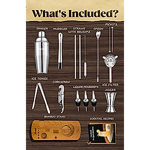 KITESSENSU Cocktail Shaker Set Bartender Kit with Stand | Bar Set Drink Mixer Set with All Essential Bar Accessory Tools: Martini Shaker, Jigger, Strainer, Mixer Spoon, Muddler, Liquor Pourers |Silver