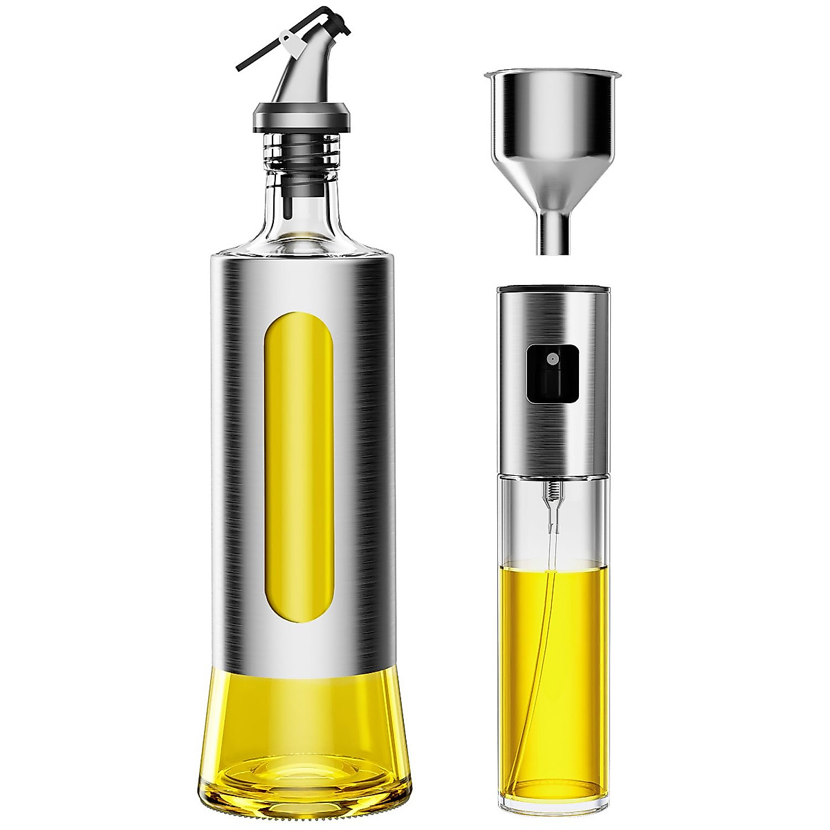 Kinkota Stainless Steel Olive Oil Dispenser Bottle and Sprayer Set, 17 OZ, 500 ML, 2 Count, Kitchen, Cooking