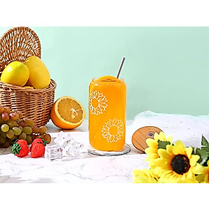 Sunflower Gifts for Women - Sunflower Cup with Bamboo Lids and Straw, Cute Sunflower Cups, Beer Can Shaped Drinking Glass Cup, Inspirational Sunshine Birthday Christmas Gifts for Mom - 16 oz Can Glass