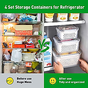 Pack of 4 Fruit Fresh Produce Protector, Grape Container for Fridge, Fruit Saver Lettuce Container with Drain Colanders, Partitioned Salad Container, Refrigerator Organizer for Lettuce Berry Food (4)