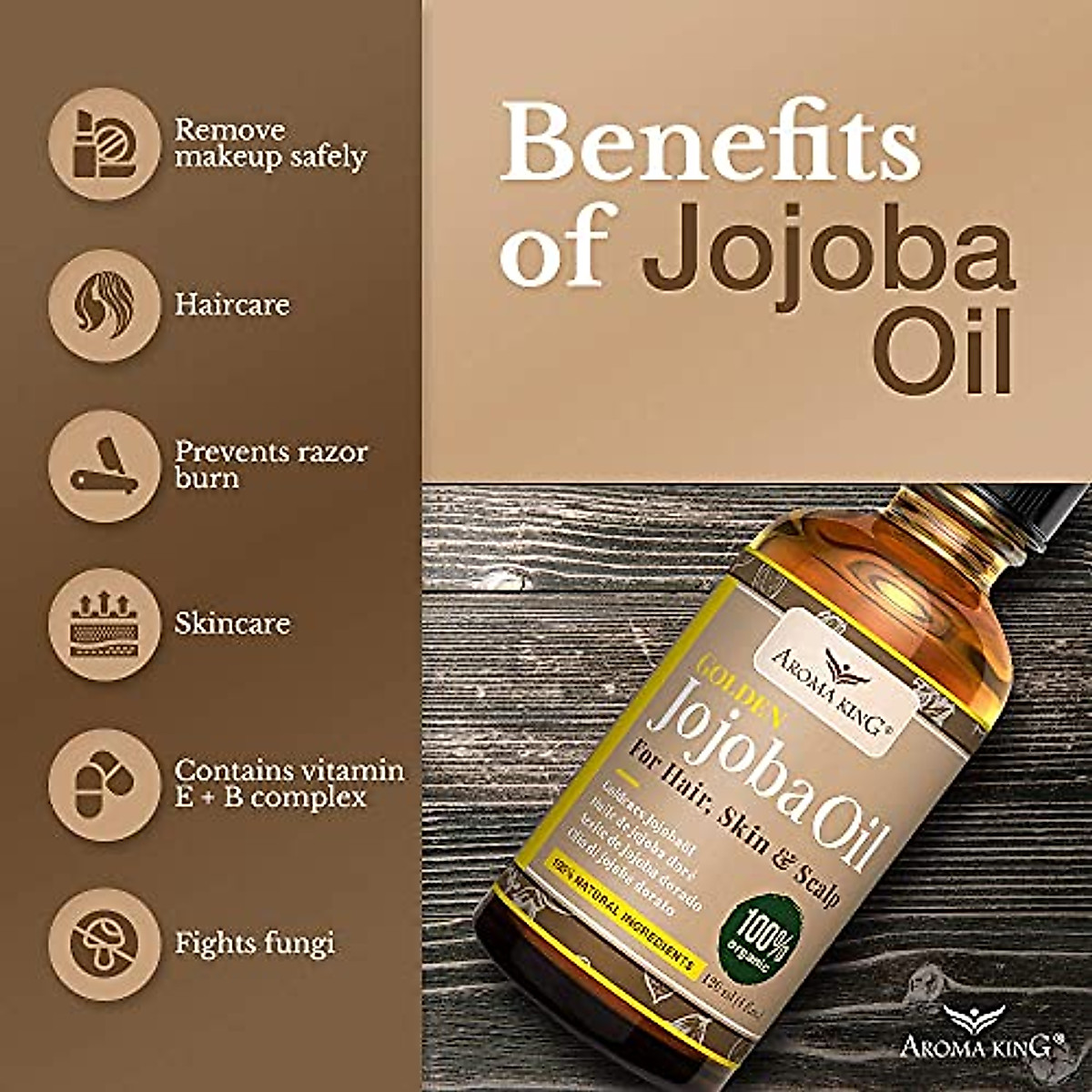 aroma king 100% Pure Organic Jojoba Oil - Natural Unrefined, used to Moisturizer Face, Hair, Skin, Nails, Cuticles, Stretch Marks & Sensitive Skin 4 Fl Oz. (120 ML) (4 Fl Oz)