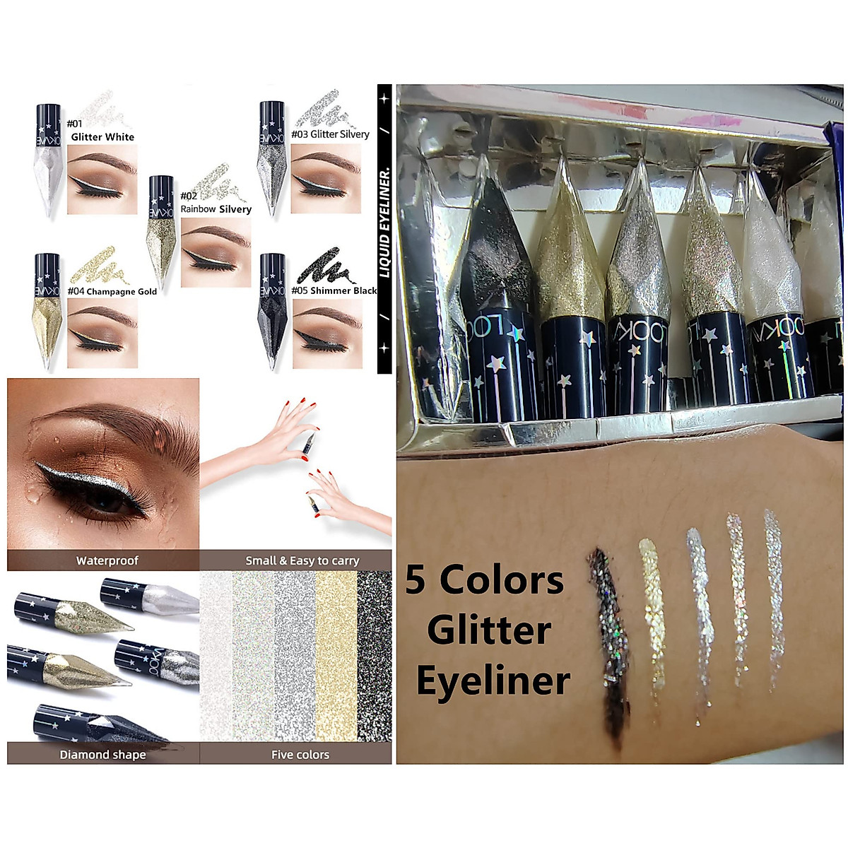 Go Ho Glitter Liquid Eyeliner Colorful Set,5 Colors Metallic Shimmer White Black Silver Gold Diamond Eyeliner,Glitter Eyeliner Sticks,Waterproof Eyeliner,Long Lasting Sparkle Eye Makeup