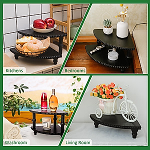 Defined Deco 2 Tier Corner Pedestal Stand Rustic Decor Riser for Display - Farmhouse Wood Beaded Tray Kitchen Bathroom Countertop Organizer for Coffee Bar, Plant Stand, Black Stackable Corner Shelf