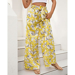 QIANXIZHAN Women's Wide Leg Pants, High Waisted Palazzo Pants Dressy Summer Flowy Casual Lounge Work Dress Pants Trousers Yellow Flower XL