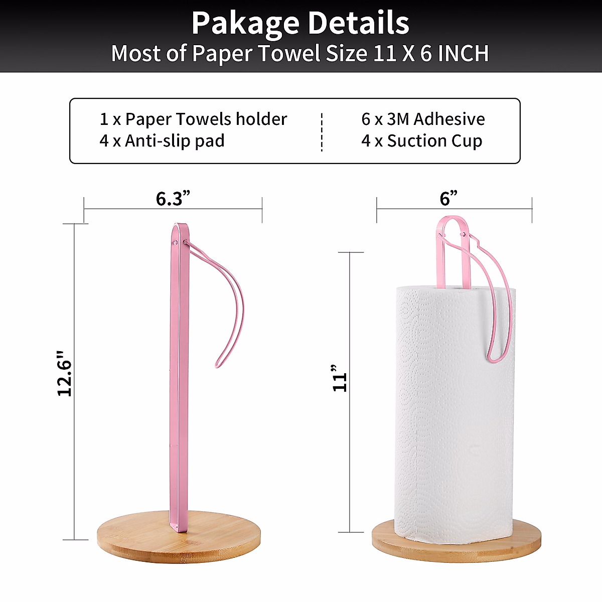 TONLEA Wood Paper Towel Holder with Fixer, Paper Towel Holder Countertop, Kitchen Towel Holder Free-Standing with Fixed or Non-Slip Wooden Base-Pink