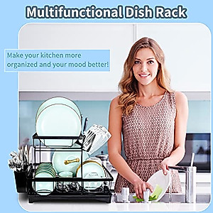 huspossesser Dish Drying Rack for Kitchen Counter, 2 Tier Dish Rack and Drainboard Set, Large Capacity Stainless Steel Dish Drainer, Dish Strainers with Utensil Holder and Cup Rack, Black