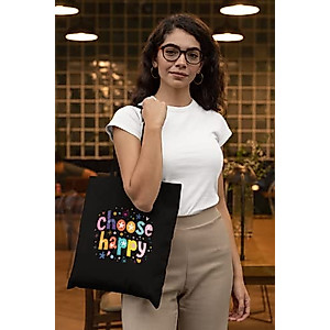 CurryFerry Cute Canvas Tote Bag for Women - Teacher Tote Bag - Inspirational Gifts for Teacher - Black Tote Bag - Reusable Shopping Bags for Grocery Utility Teacher College Work (Choose Happy)