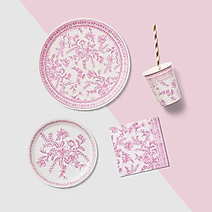 Coterie Pink Floral Paper Cocktail Napkins (Set of 25) | Beautiful Pink and White Toile Paper Napkins For Bridal and Baby Shower, Tea Party, Garden Party, Birthday Party | 5” Fancy Paper Napkins