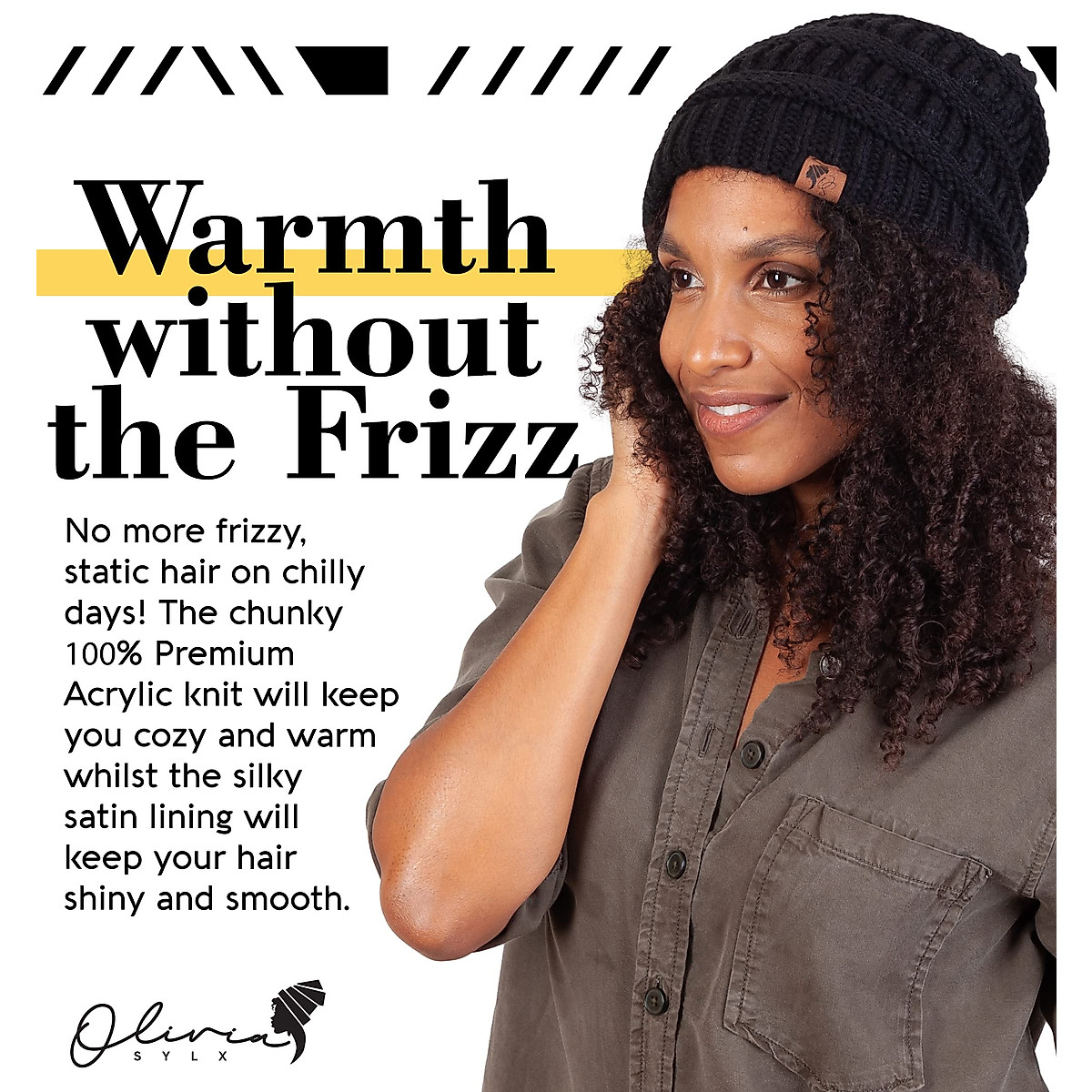 Olivia Sylx Satin Lined Beanie for Women - Satin Beanie,Silk Beanie, Satin Lined Winter Hats for Women & Slouchy Beanie Black