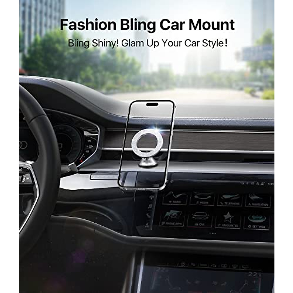 andobil Magnetic Phone Holder for Car [Fashion Bling, Invisible Mini] Compatible with MagSafe 3 Pop-Socket iPhone 14 Pro Max 13 12 S23 S22 15 etc, 360° Rotation Dashboard Mount, Cute Car Accessories
