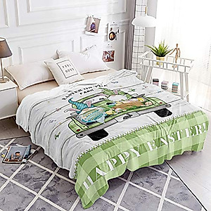 SUN-Shine Easter Blanket Luxury Fleece Throw Blankets, Green Plaid Truck with Dwarf and Egg Fuzzy Flannel Throws Super Soft Cozy Warm Blanket for Home Couch Sofa Bed Chair Wood Texture