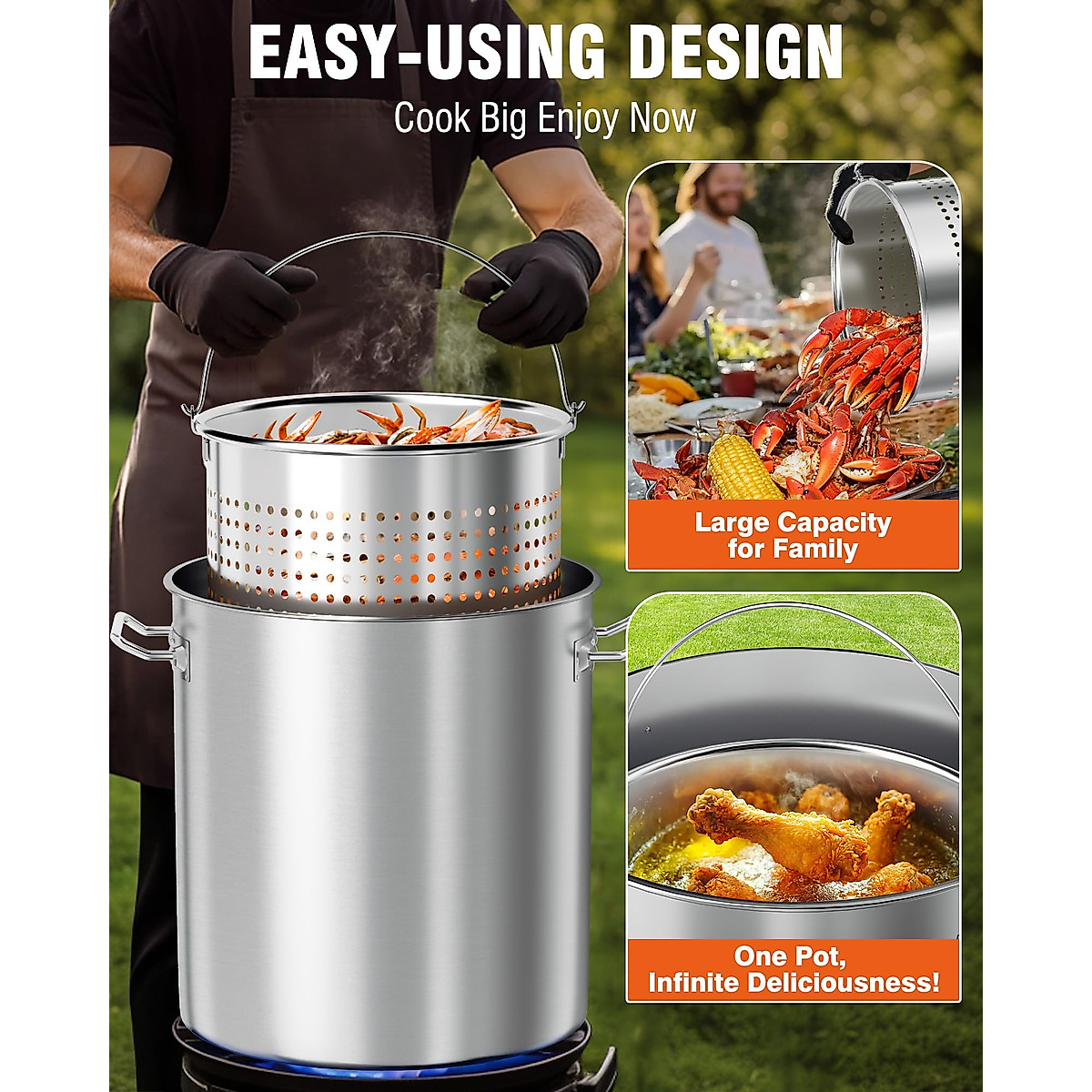 PYY Turkey Fryer with Basket & Lid - 60qt Boil Pot Stainless Steel Crab Lobster Crayfish Shrimp Stock Pot Boiler Deep, Fried Cooker for Commercial Outdoors or Gatherings, 15.7 * 17.3"