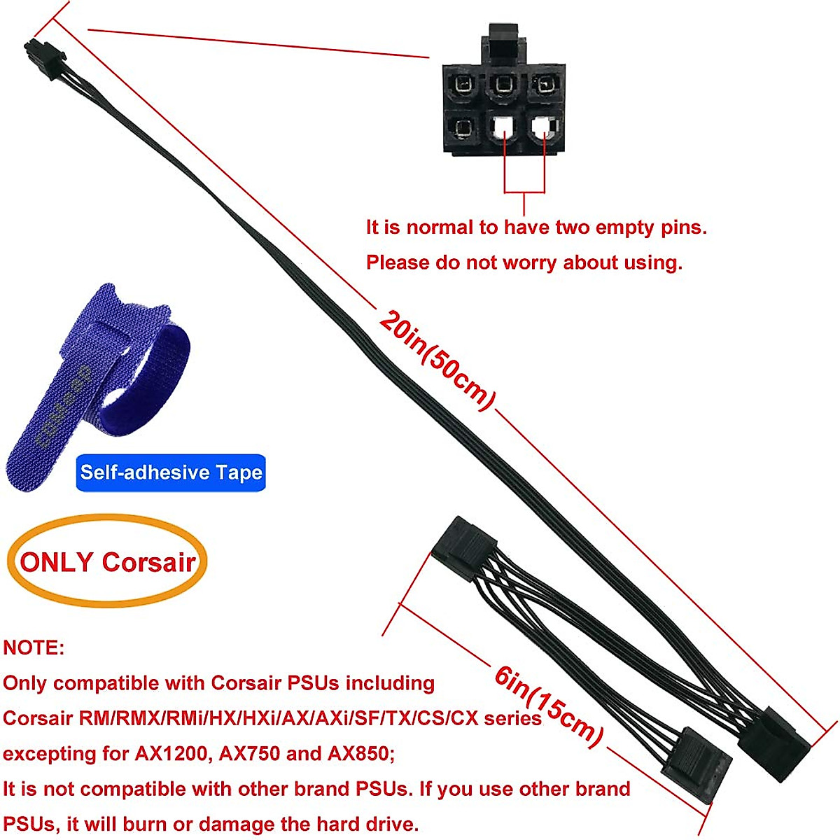 COMeap Molex Power Cable for Corsair PSUs, 6 Pin to 3X 4 Pin Molex Female Hard Drive Power Adapter Splitter for BTC Mining Riser Card 20-in
